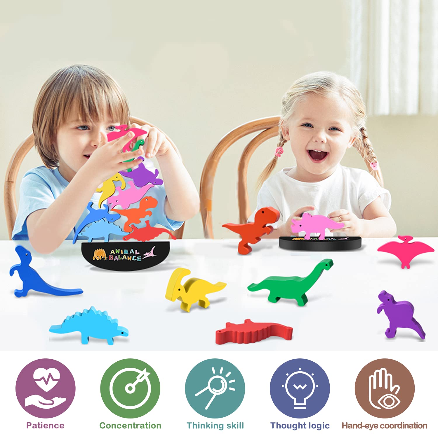 FFTROC Wooden Stacking Dinosaur Toys and Large Size Dinosaur Toys for Boys Cars
