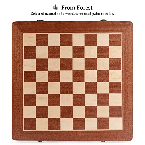 A&A 15 inch Wooden Folding Chess & Checkers Set w/ 3 inch King Height Staunton Chess Pieces - Mahogany Box w/Mahogany & Maple Inlay