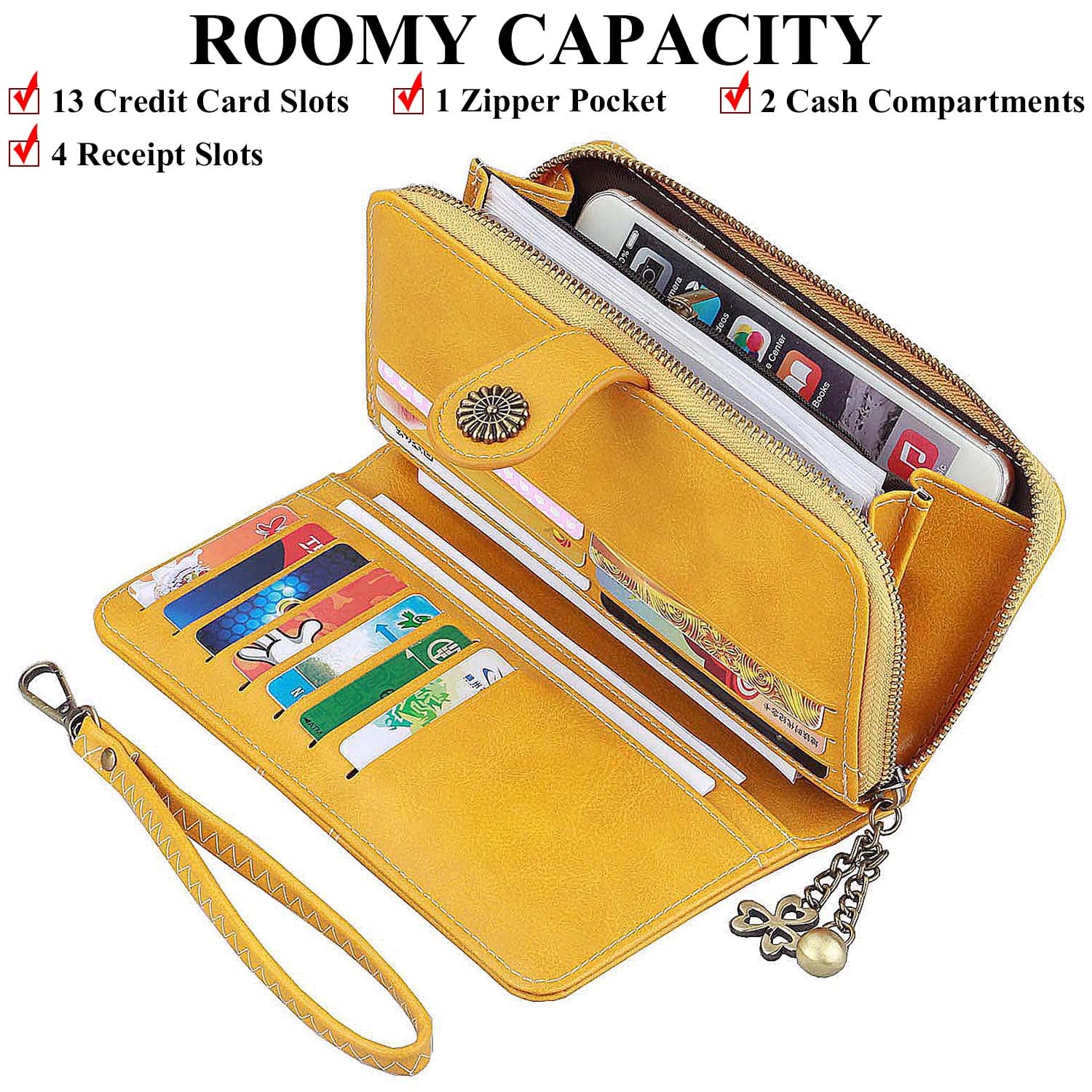 Coolstar Wallets for Women & Men PU Leather Clutch Wallet with Credit Card Holders Wristlet Phone Checkbook Organizer Large (Yellow with Sunflower Snap), Sunflower Snap + Yellow