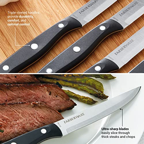 Farberware Triple-Riveted 4-Piece Steak Knife Set, High-Carbon Stainless Steel, Razor-Sharp Knives, Kitchen Knives, Set of 4, Black