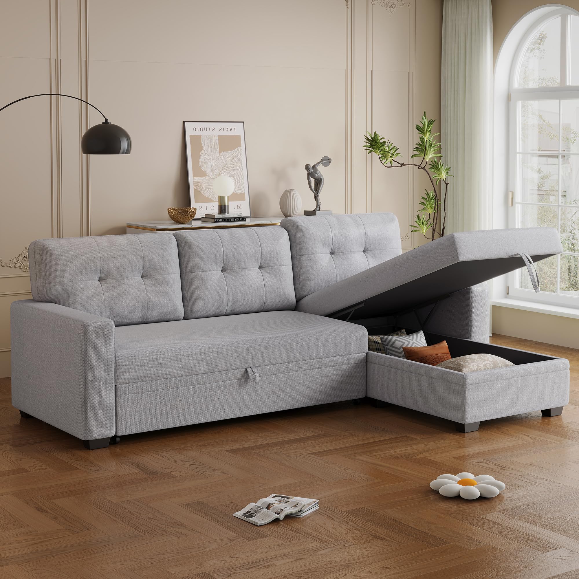Acosure 82" Sectional Small Sofa with Pull Out Bed,L-Shape Upholstered Sleeper Couch W/Storage Chaise,Tufted Backrest Design,3 Seat Linen Convertible Sofas for Living Room Apartment Office,Light Gray