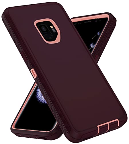 Annymall for Samsung Galaxy S9 Case with Screen Protector, Full Body Heavy Duty Shockproof Drop-Proof Phone Case Rugged Triple-Layer Defender Protective Cover for Samsung Galaxy S9 (Wine/Pink)