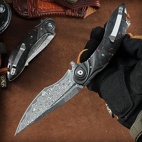 ALVELY handmade Folding Pocket Knife,Japanese Damascus steel 3.9in blade Men's folding knife,with Pocket Clip Leather Sheath,liner lock, Carbon Fiber Handle,fit EDC Outdoor camping Survival,gift