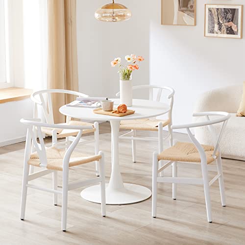 Farini Dining Room Chairs Wishbone Rattan Chair Solid Wood Armchairs Y Shaped Backrest Hemp Seat for Home Restaurant Fully-Assembled(Set of 2,White-Beige Seat)
