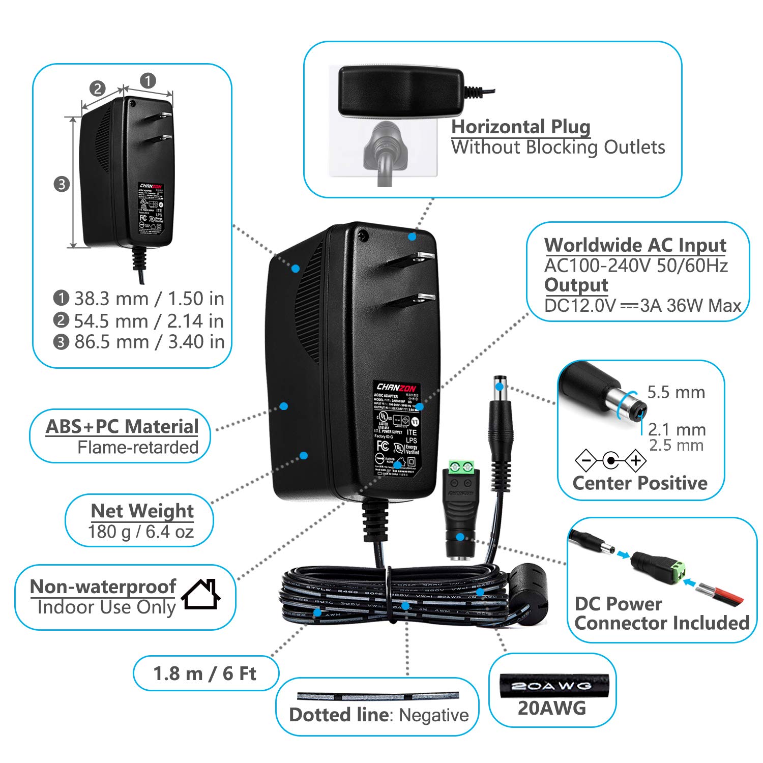 Chanzon 12V 3A 36W Power Supply AC DC Switching Adapter, 12 Volt 3 Amp AC/DC Wall Wart Converter Transformer, 100-240v 50 60HZ Input with 12vdc 3000ma Output