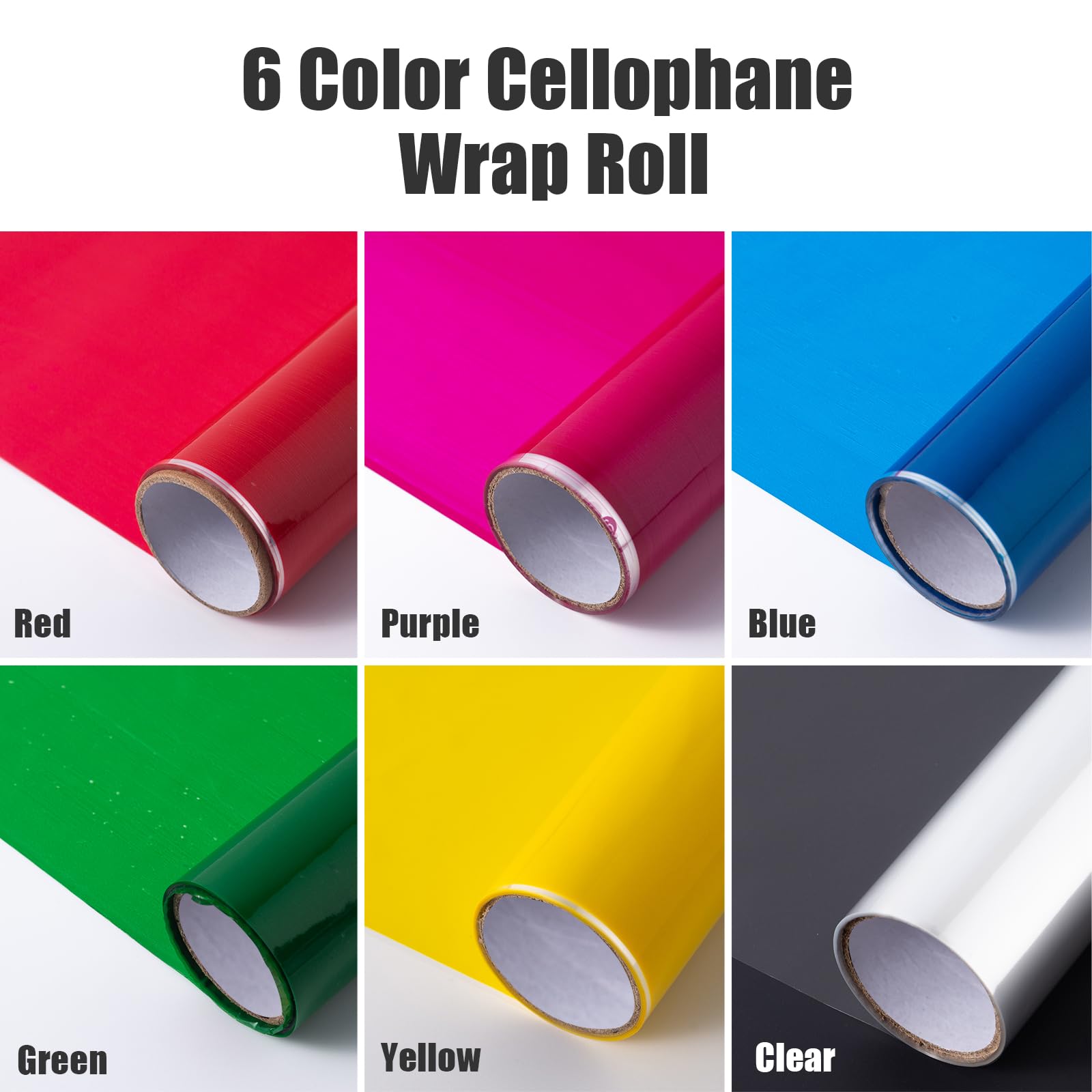 6rolls Cellophane Wrap Roll (20β Ft. Long X 16ββ in. Wide) Colored Cellophane Rolls for Gift Wrapping, Contains Golden, Blue, Purple, Green, Red & Clear Cellophane Wrap Roll, 2.3 Mil Thick (17inch W x