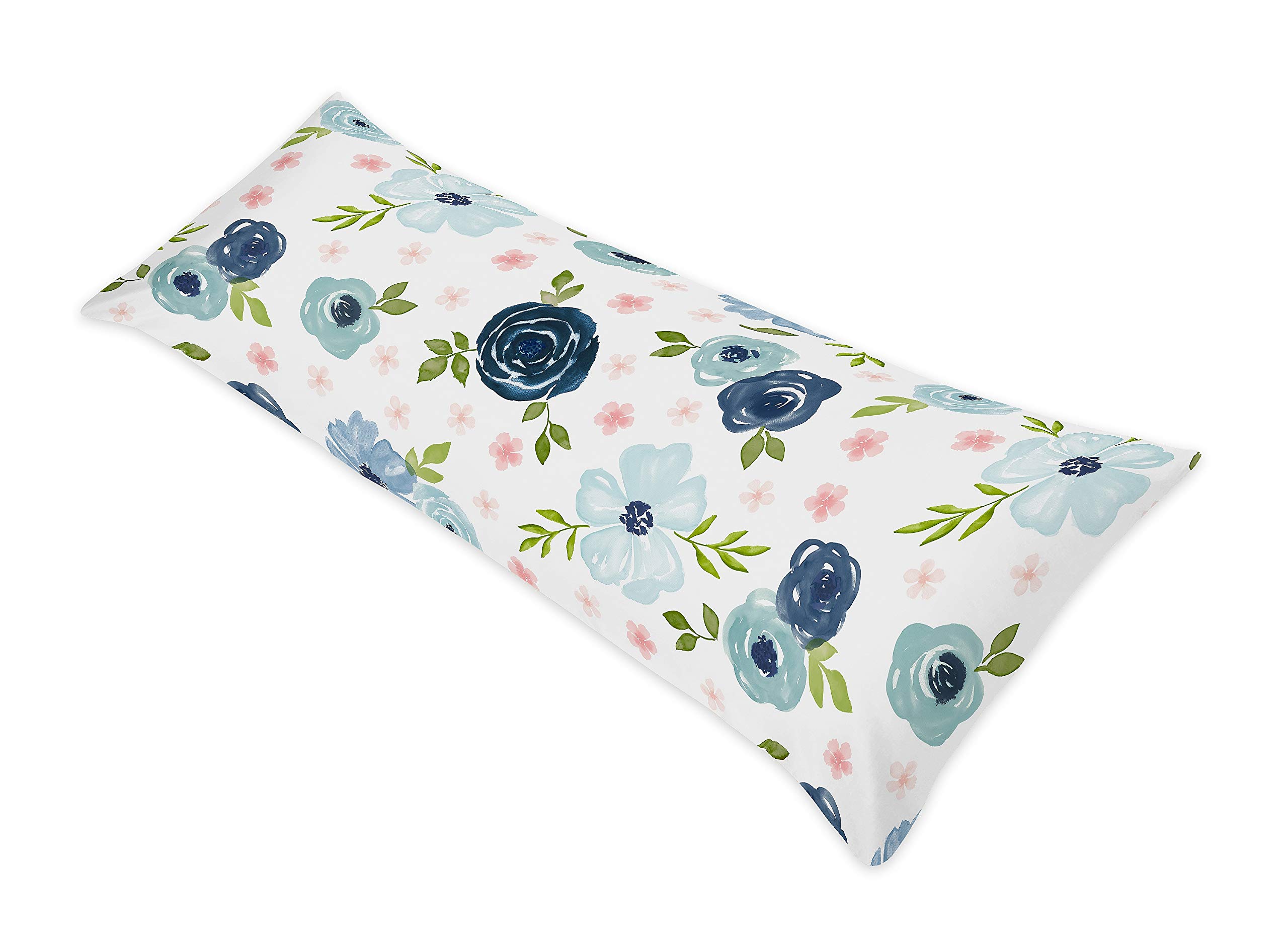Sweet Jojo Designs Navy Blue and Pink Watercolor Floral Body Pillow Case Cover (Pillow Not Included) - Blush, Green and White Shabby Chic Rose Flower Polka Dot
