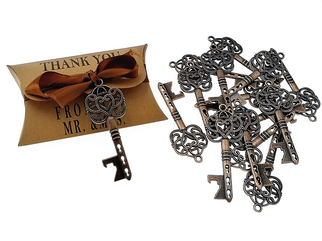 50pcs Skeleton Key Bottle Opener Wedding Party Favor Souvenir Gift with Candy Box and Ribbon(Antique Copper)