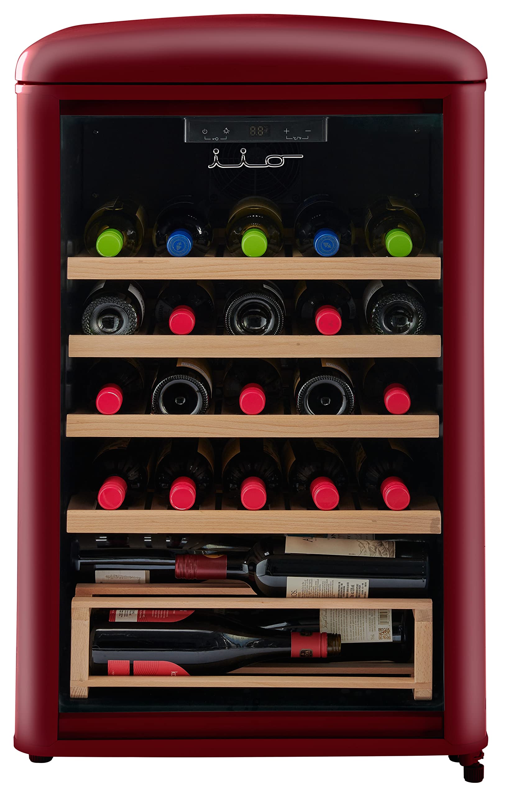 iio 30 Bottle Retro Small Wine Cooler Refrigerator, UV Resistant Glass Door, Cabinet RV Office Bar Beverage Cellar, Mini Fridge for Bedroom, Quiet Compressor, Freestanding, Slide-out Shelves (Red)
