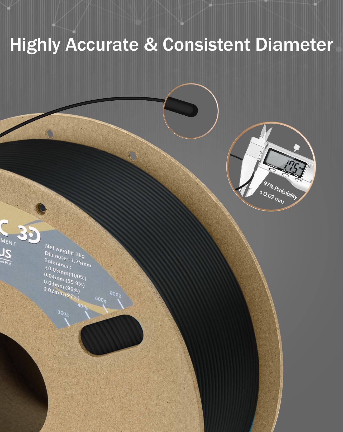 DURAMIC 3D PLA+ Filament 1.75mm 1Kg Black, PLA Plus 3D Printer Filament 1Kg Spool(2.2lbs) PLA Pro Tougher and Stronger, Dimensional Accuracy Probability +/- 0.02mm