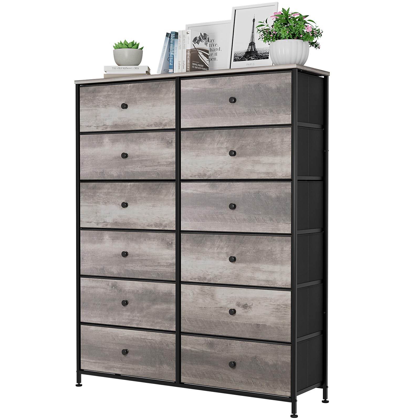 Arlopu 12-Drawer Dresser, 35.2’‘ Widened 6-Layer Fabric Storage Tower w/Textured Print Fabric Bins, Tall Chest Organizer Unit for Living Room, Hallway, Nursery, Closets, Adjustable Feetpad