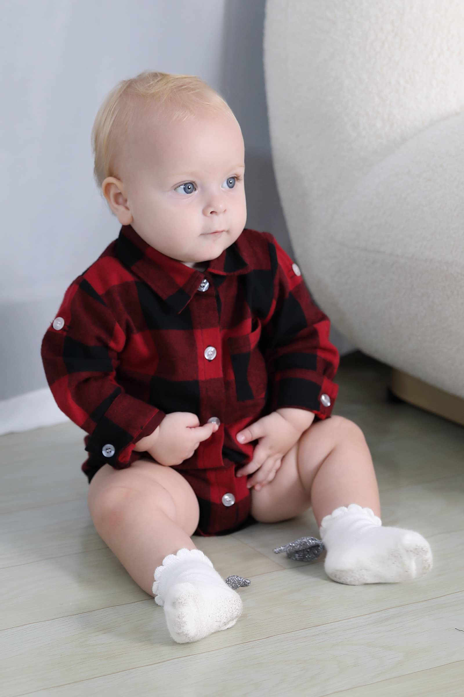 HAPPYMA Newborn Baby Boy Girls Plaid Outfit Flannel Romper Tops Infant Long Sleeve Button Down Plaid Casual Bodysuit Clothes