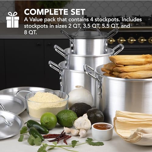 Alpha Living Aluminum Stock Pot Set (2/3.5/5.5/8 Quart) Steam and Boil Serve Large & Small Groups, Riveted Handles