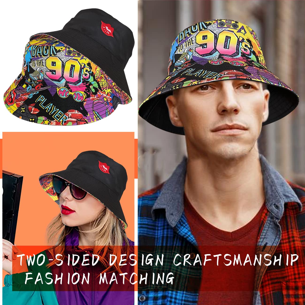 80s/90s Bucket Hat for Men Women, Packable Reversible Printed Sun Hat for Womens Men, 100% Polyester Material, UV Protection (Youth and 90s)