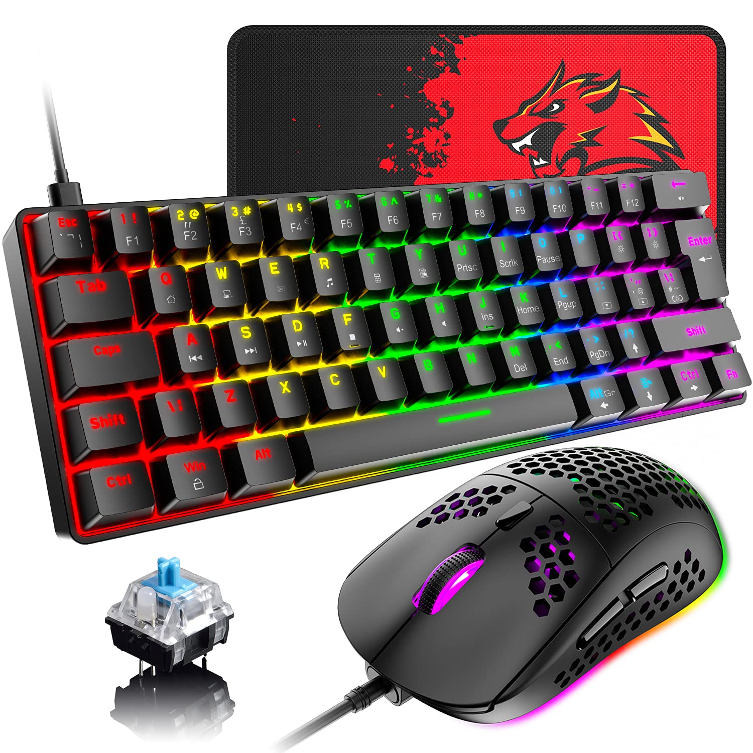 60% Wired Mechanical Gaming Keyboard and Mouse Combo, Ultra-Compact Mini 62 Keys Type C Chroma 20 Rainbow Backlit Effects,RGB Backlit 6400 DPI Lightweight Gaming Mouse with Honeycomb Shell for PC/Mac