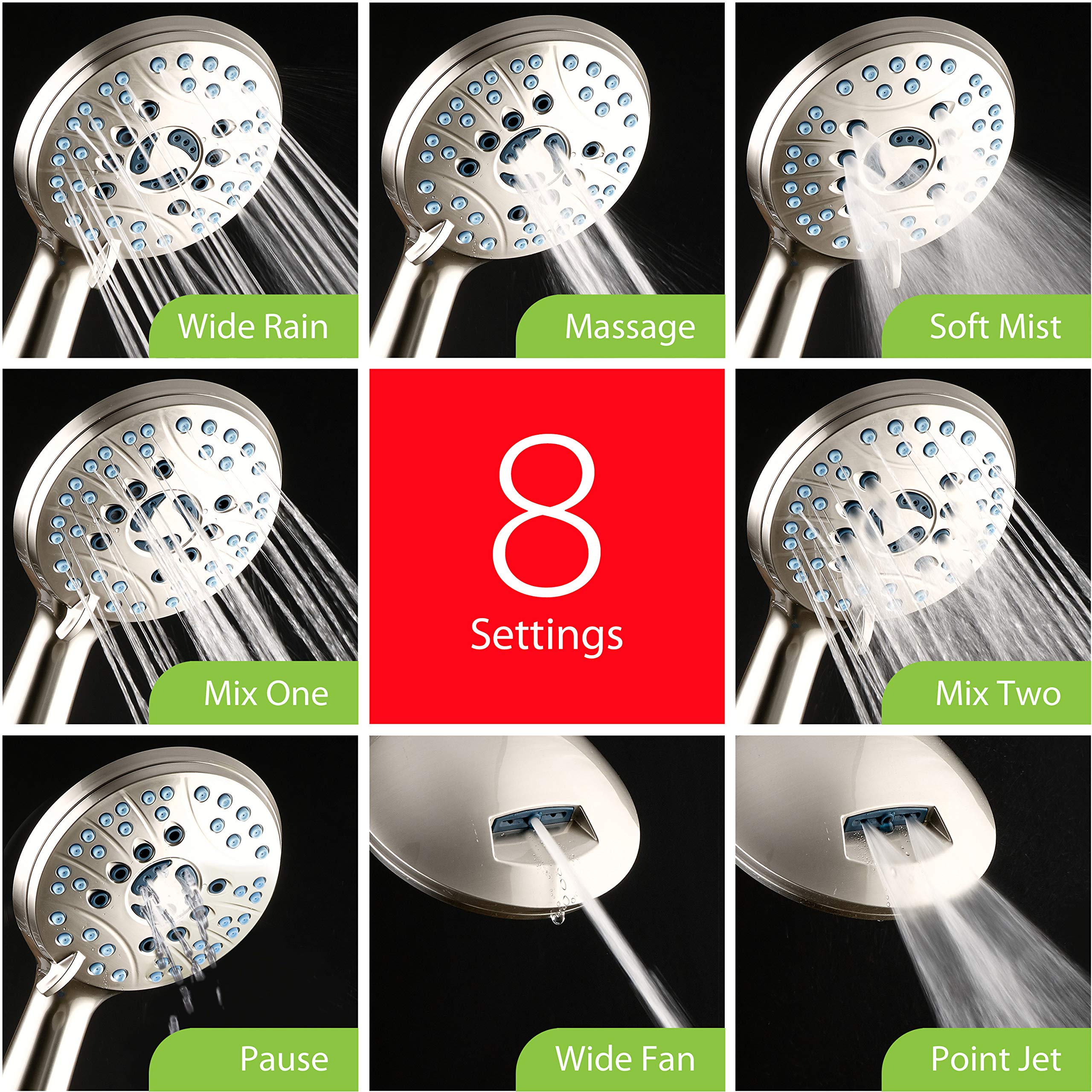 AquaCare High Pressure 8-mode Handheld Shower Head - Anti-clog Nozzles, Built-in Power Wash to Clean Tub, Tile & Pets, Extra Long 6 ft. Stainless Steel Hose, Wall & Overhead Brackets