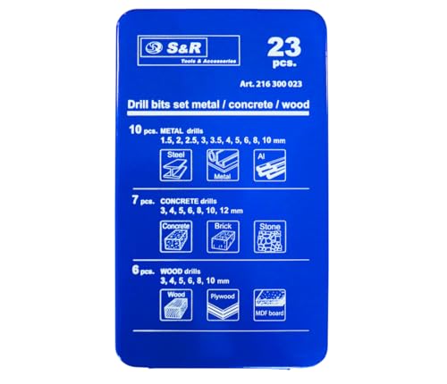 S&R Metal Concrete Masonry Drill Bit Set 23 Pcs. Multi Functional: 10 Metal Drills HSS M2 Steel / 7 Concrete Drills / 6 Wood Drills/Bits Set in Metal Box Multi-Purpose