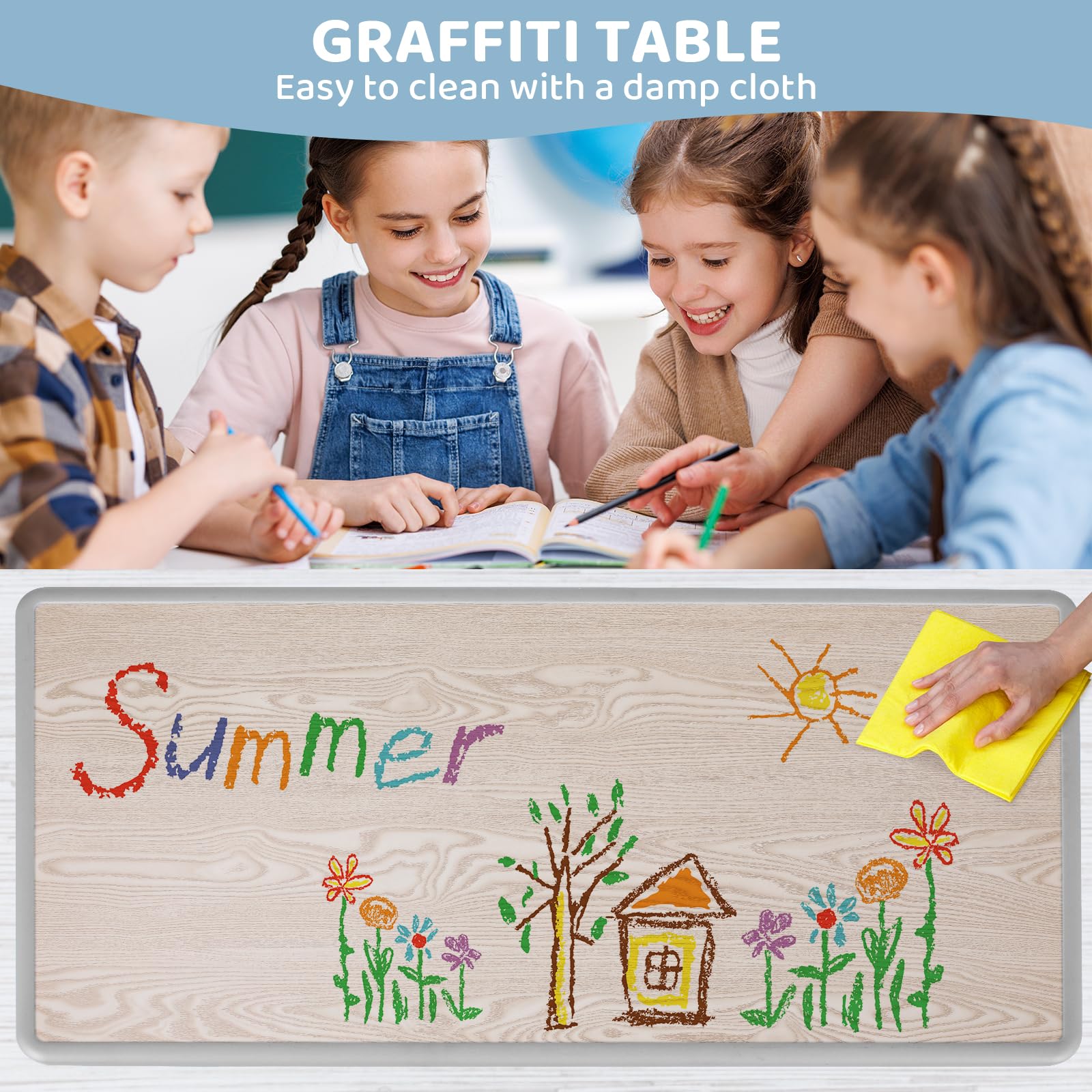 Arlopu Kids Study Table and 6 Chairs Set, Height Adjustable Graffiti Table, Preschool Activity Art Craft Table for 6, Multifunctional Toddler Table, Reading, Drawing, Eating Interaction (Gray)