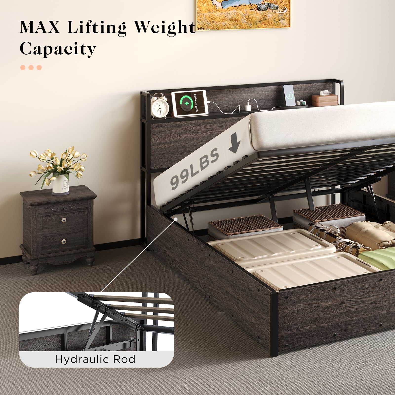 Albott Queen Size Lift up Storage Bed Frame, Wooden Platform Bed Frame with Storage Headboard & Charging Station, No Spring Box Needed/Noise Free, Black