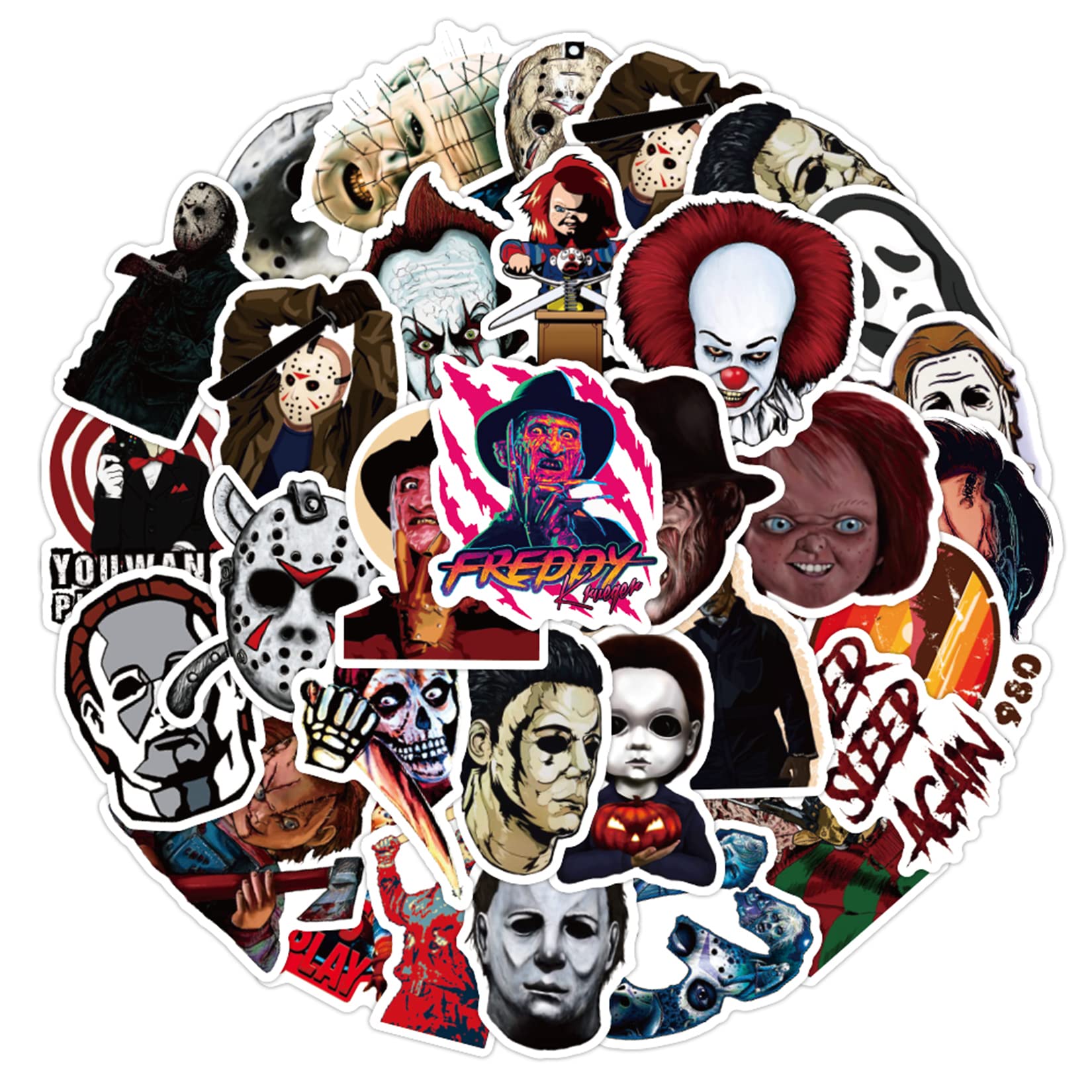 50Pcs Thriller Horror Movie Killer Role Character Stickers for Water Bottle Cup Laptop Guitar Car Motorcycle Bike Skateboard Luggage Box Vinyl Waterproof Graffiti Patches XQX