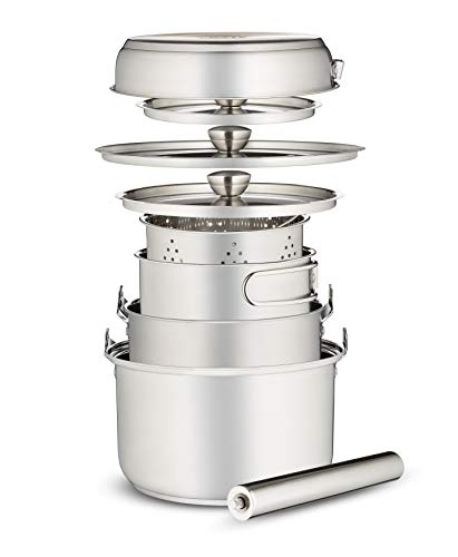 Camping Cookware Set 304 Stainless Steel 8-Piece Pots & Pans Open Fire Cooking Kit | Frying Pan Steamer with Travel Tote Bag | Compact For Outdoors & Indoors Kitchen Family Campfire Hiking RV