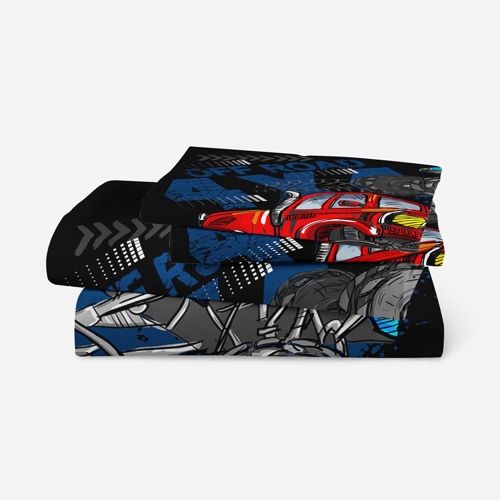 QOOMO Truck Bed Sheets Twin,Black Car Bed Sheet for Kids Boys Teens,16" Deep Pocket Bed Sheet Set for Boys/Girls/Kids/Teens,4 Piece Sheet Set, 1 Fitted Sheet,1 Flat Sheet and 2 Pillowcases,Twin Size