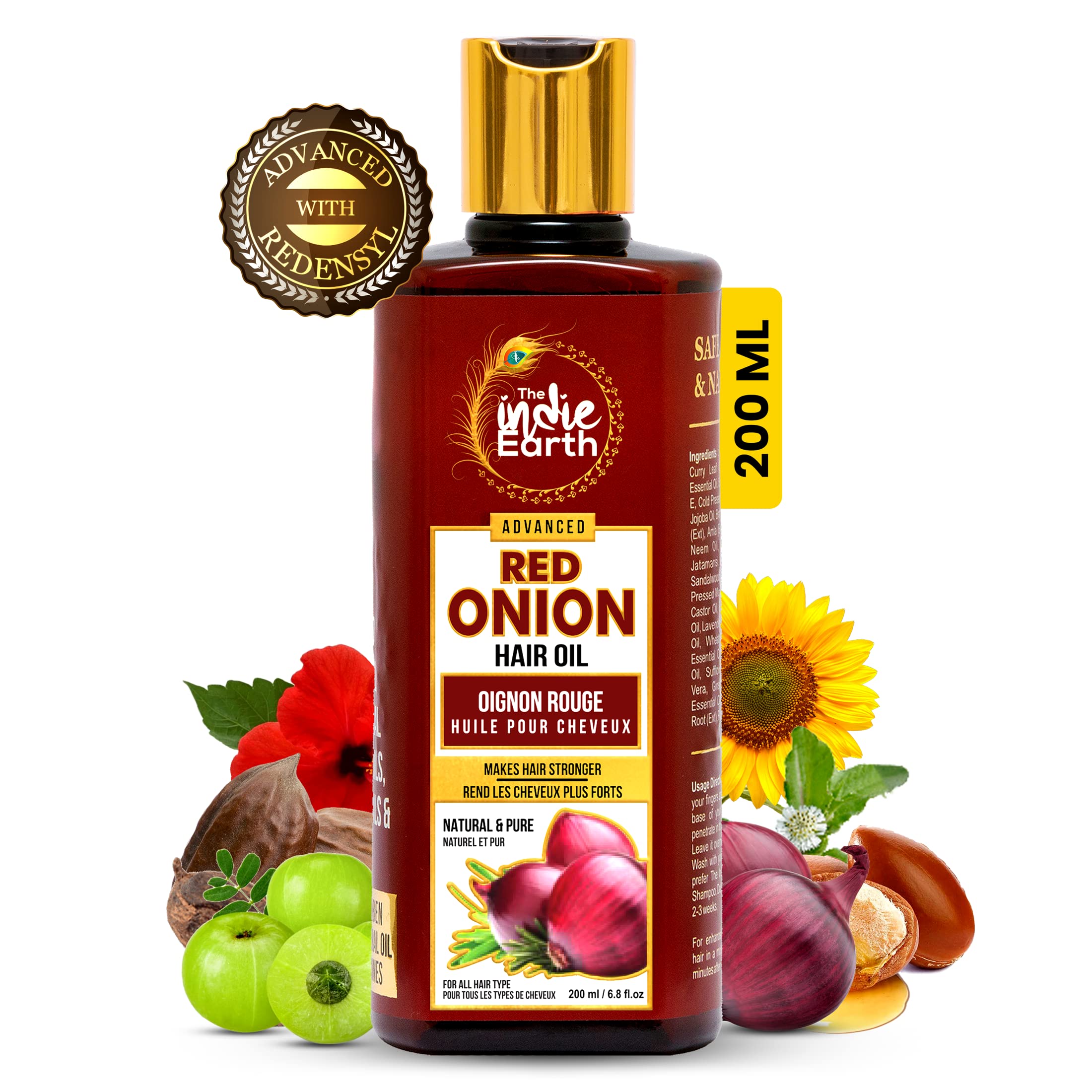 Red Onion Shampoo with Caffeine, Curry Leaf, and Indian Alkanet Root – Advanced Formula for Hair Fall Control, Split Ends Repair, and Dandruff Reduction – Gentle & Chemical-Free – 200ml