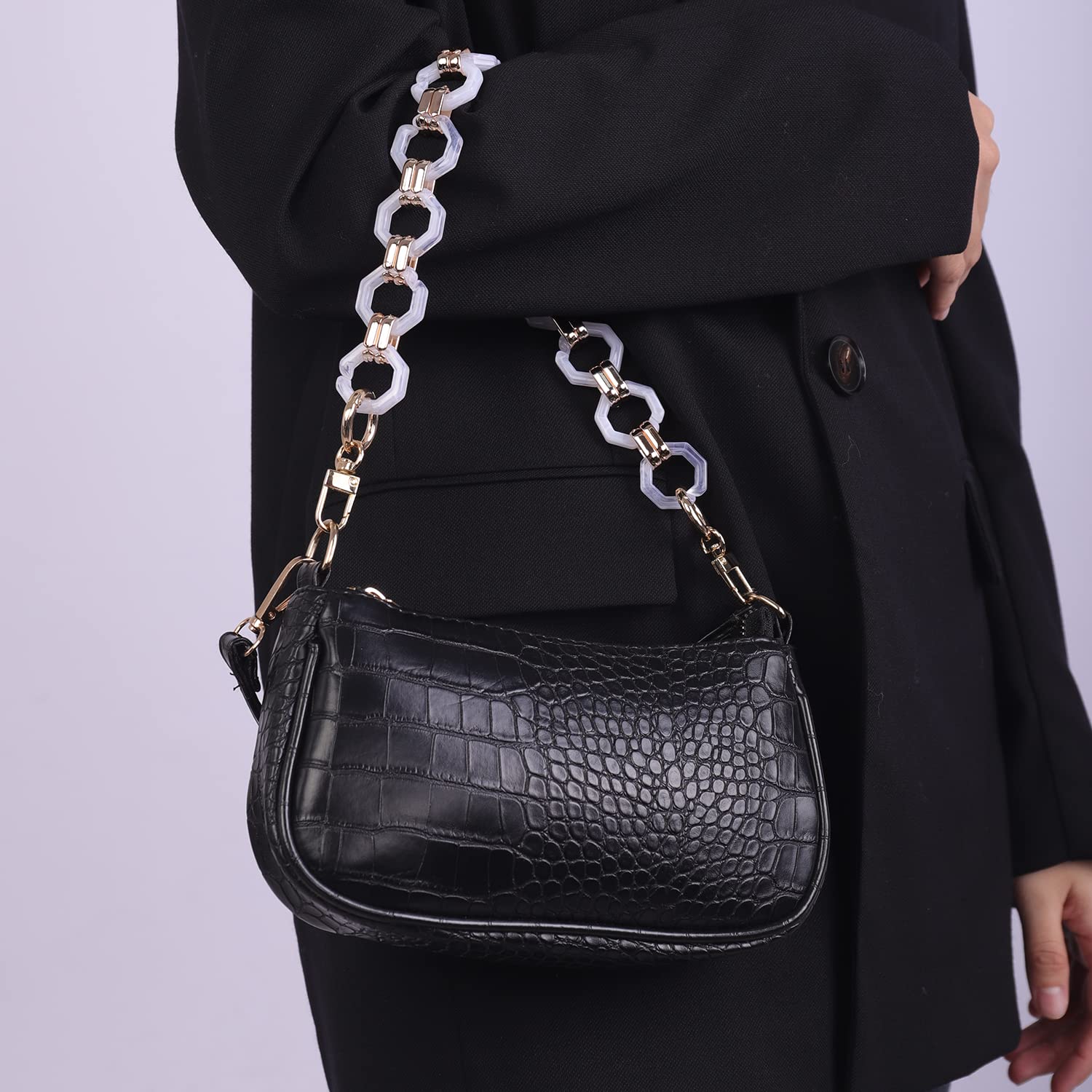 Chargances White Resin Purse Chain Strap Hexagon Link Bag chain Replacement Shoulder Cross Body Bag Handbag Chain with Mental Claps for Women (White)