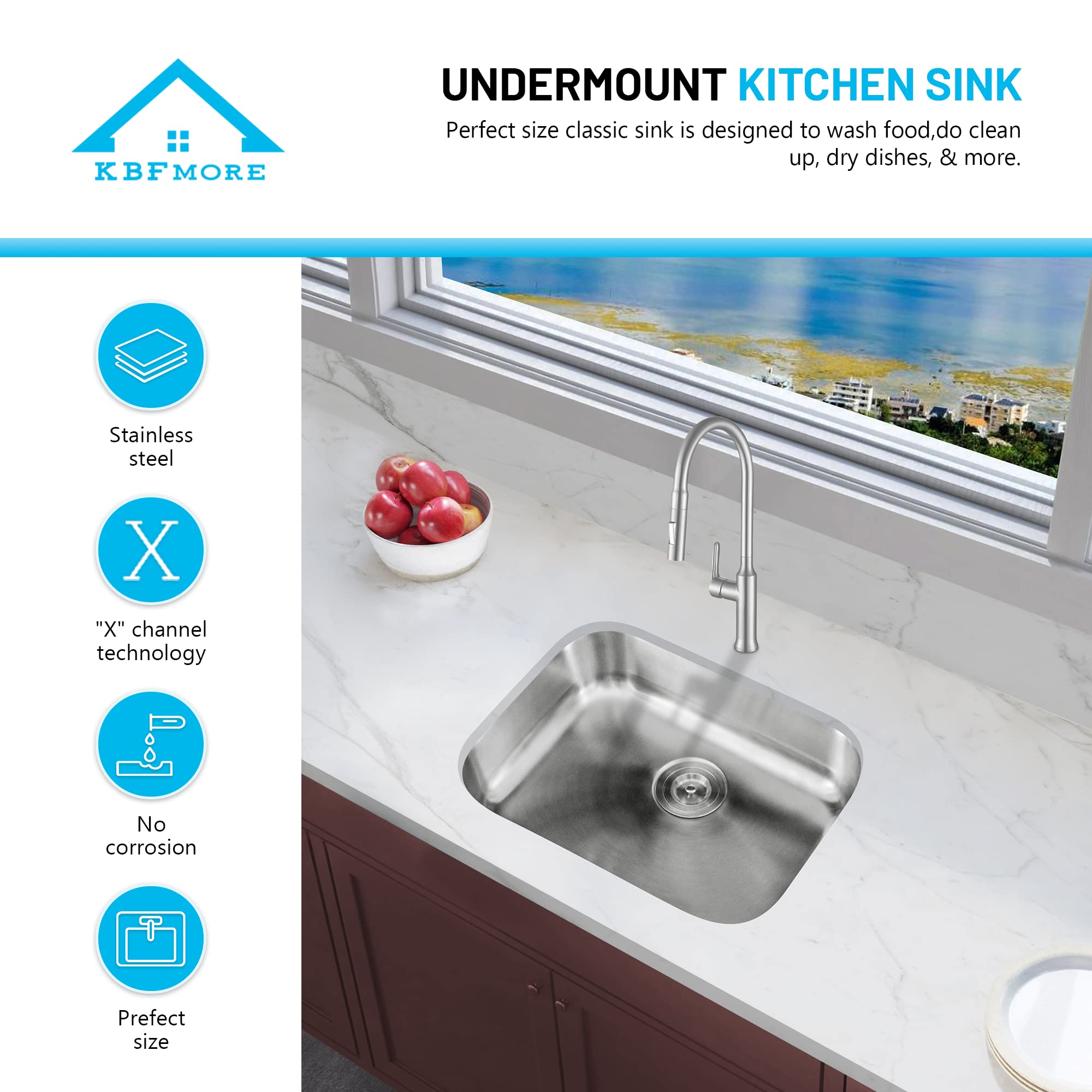 KBFmore 23 Inch Single Bowl ADA Compliant Stainless Steel Kitchen Sink, Rust Resistant Sound and Heatproof Shallow Drain 18 Gauge Undermount Sink with Sink Strainer and Removable Garbage Basket