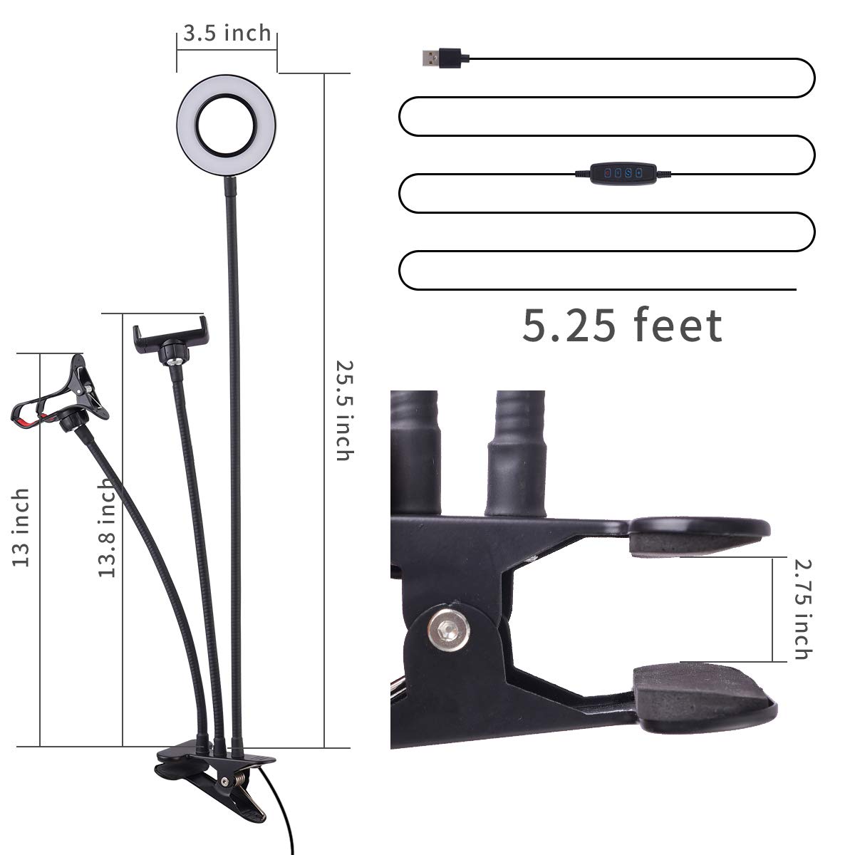 Tranesca Selfie Ring Light with Cell Phone Holder Stand for Live Stream/Makeup, LED Camera Lighting [3-Light Mode] with Flexible Arms Compatible with Cell Phones and Camera (Black)
