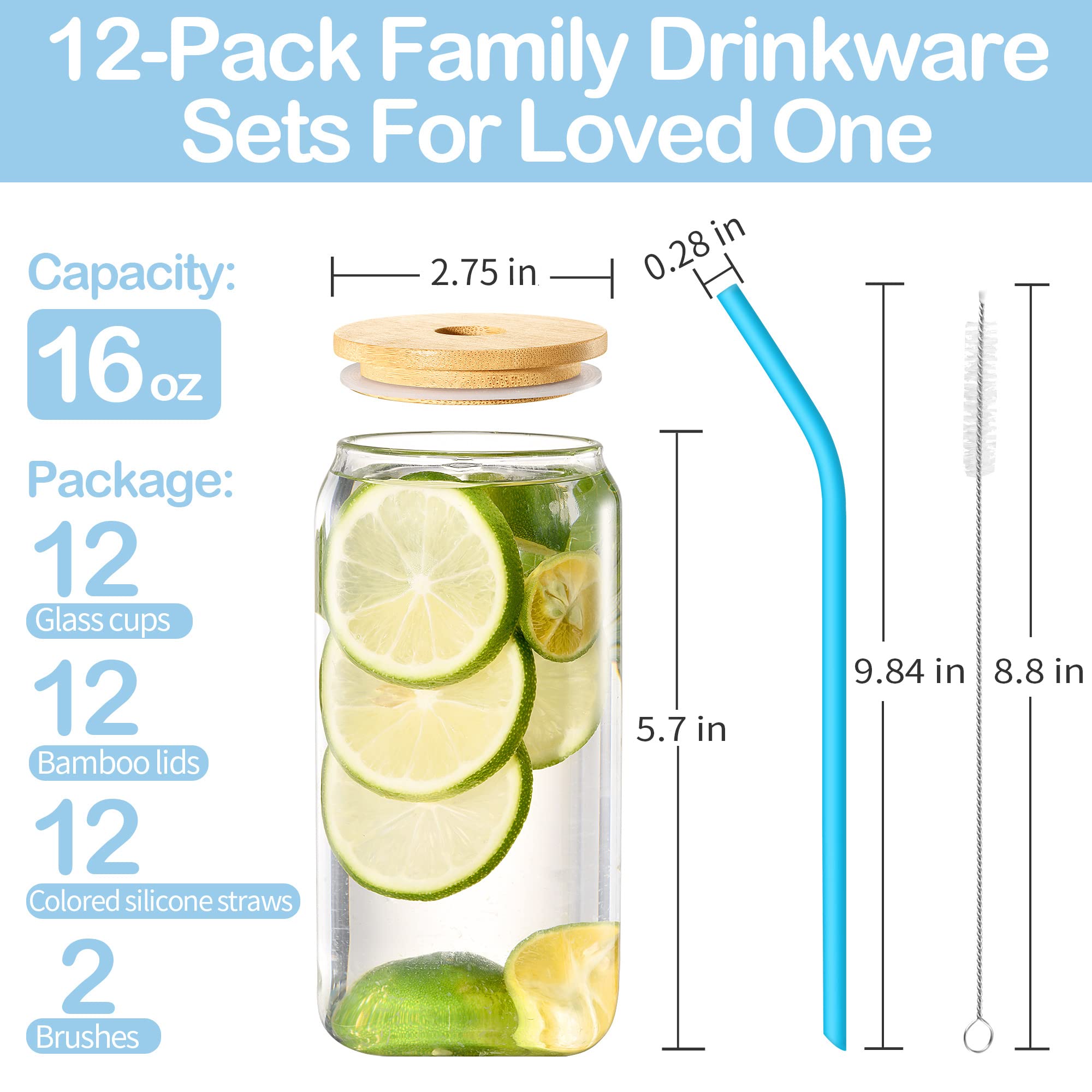 AJARAERA 16 oz Glass Cups with Lids and Straws,Beer Glasses,Iced Coffee Cup, Glass Cups,Glass Cup Set of 12