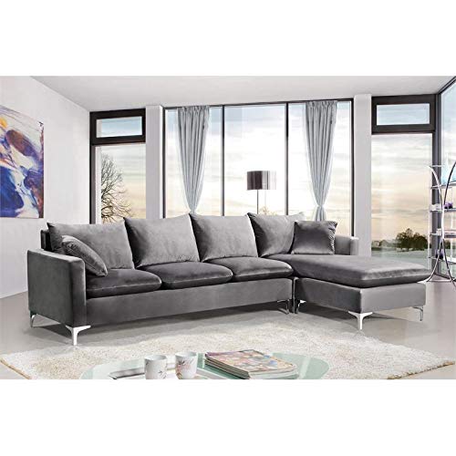 Meridian Furniture Naomi Collection Modern | Contemporary Velvet Upholstered REVERSIBLE Sectional with Rich Gold or Chrome Legs, Grey