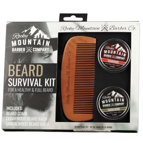 Rocky Mountain Barber Company All-In-One Beard Care Kit - Wooden Beard/Hair Comb, Cedarwood and Sandalwood Balms (1oz) in Gift Box