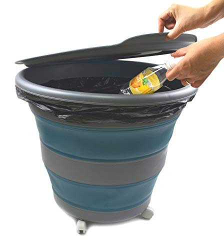 SAMMART 66L(17.4 Gallon) Collapsible Plastic Garbage Bin with Wheels & Removable Lid-Foldable Pop Up Container-Portable Washing Tub-Space Saving Basket,Water Capacity 56L(14.8 Gallon)(Grey/Blue)