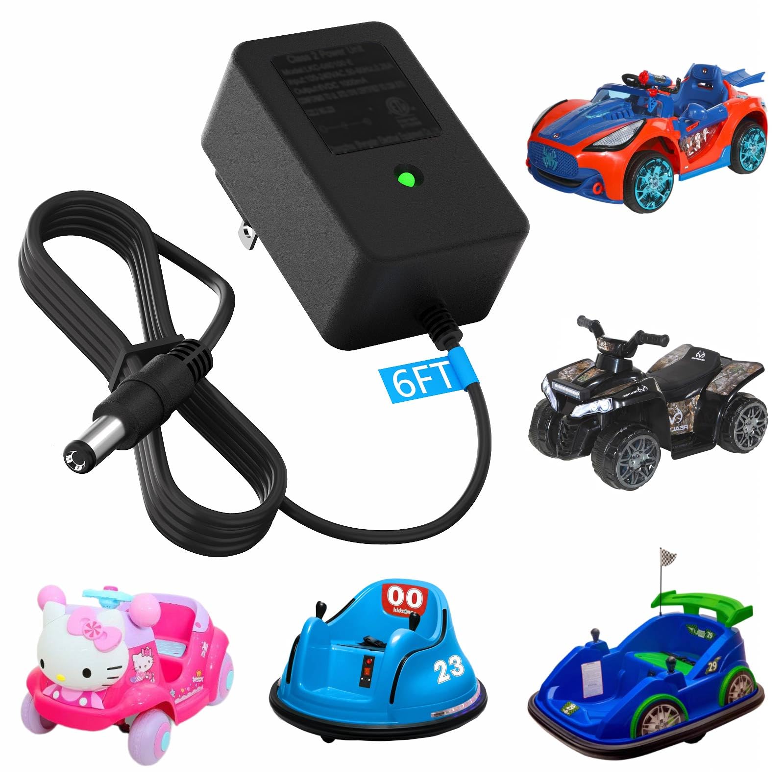 Charger for Kidzone Bumper Car, Flybar, Hello Kitty, Best Choice Products, Kid Trax, Dynacraft, Spider-Man, Toddler, 6V Battery Charger Child Kids Ride On Car Toys, 1.8M, Overheat Protection