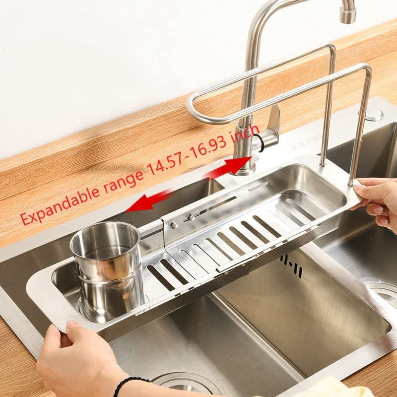 AJIODA Kitchen Sink Caddy Sponge Holder, Expandable Sink Storage Rack with Dishcloth Towel Holder & Residue Filter, Stainless Steel Multi-Functional Over Sink Kitchen Caddy Drying Rack Drain Rack