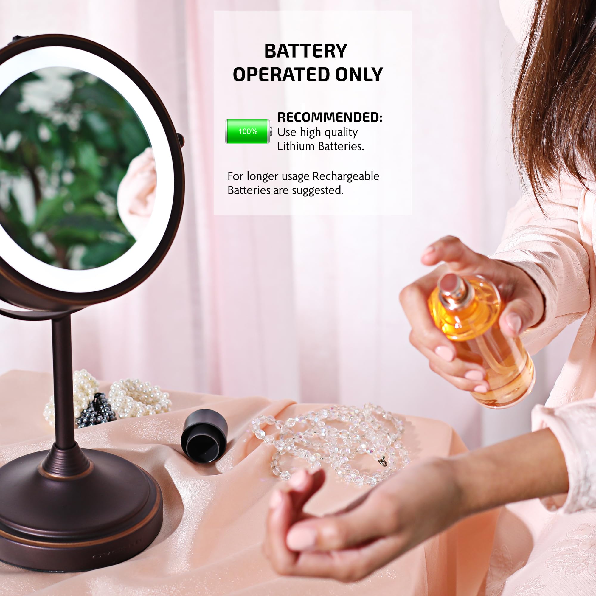 OVENTE 7'' Lighted Makeup Mirror with 1X/7X Magnification, Cordless Tabletop Mount Vanity Mirror with 360° Swivel Design & Double Sided Glow Cosmetic White LED Ring Light, Antique Bronze MCT70ABZ1X7X