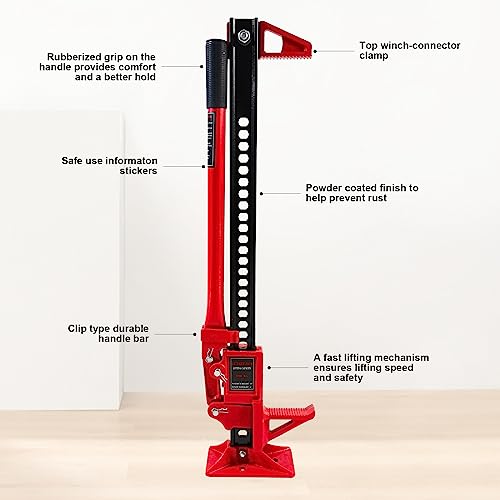 AoKuElec Heavy Duty Farm Jack 33 inch, High Lift Ratcheting Off Road Utility Jack with Wide Base, Cast and Steel, Stand 6000 lbs/3 Tons Capacity Red