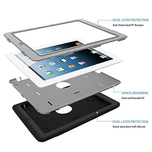 Fingic for iPad 4/3/2 Case - Rugged 3 in 1 Hybrid Heavy Duty Shock-Absorption Scratch-Resistant Protective Case, Gray/Black