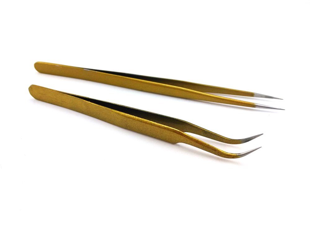yueton 2pcs Gold Color Coated Stainless Steel Straight and Curved Head Tweezers with Leather Case for Eyelash Extension