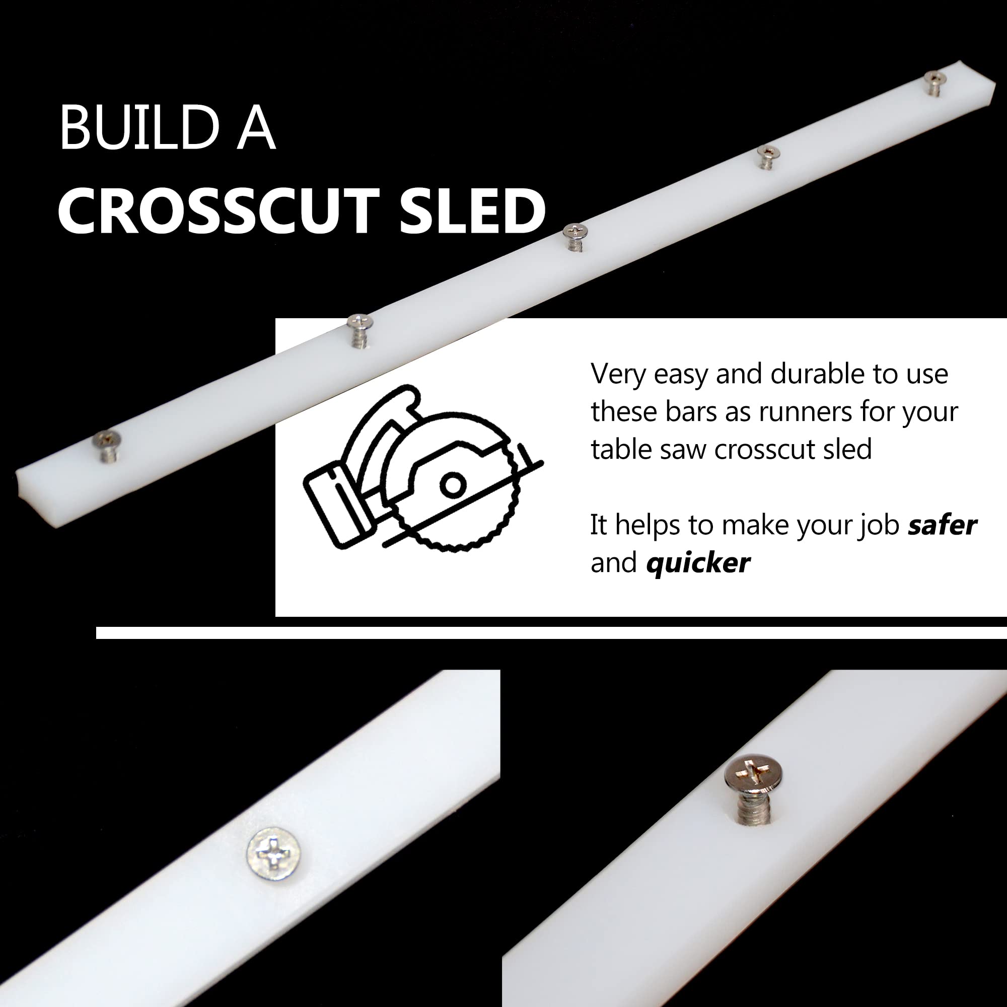 GYOFFULL Crosscut Sled for Table Saw UHMW Plastic 3/4" X 3/8" X 17" with Predrilled Holes and Screws Ideal for U Tracks Woodworking, Miter Slots, Router Table and Bandsaws(2 Bars)
