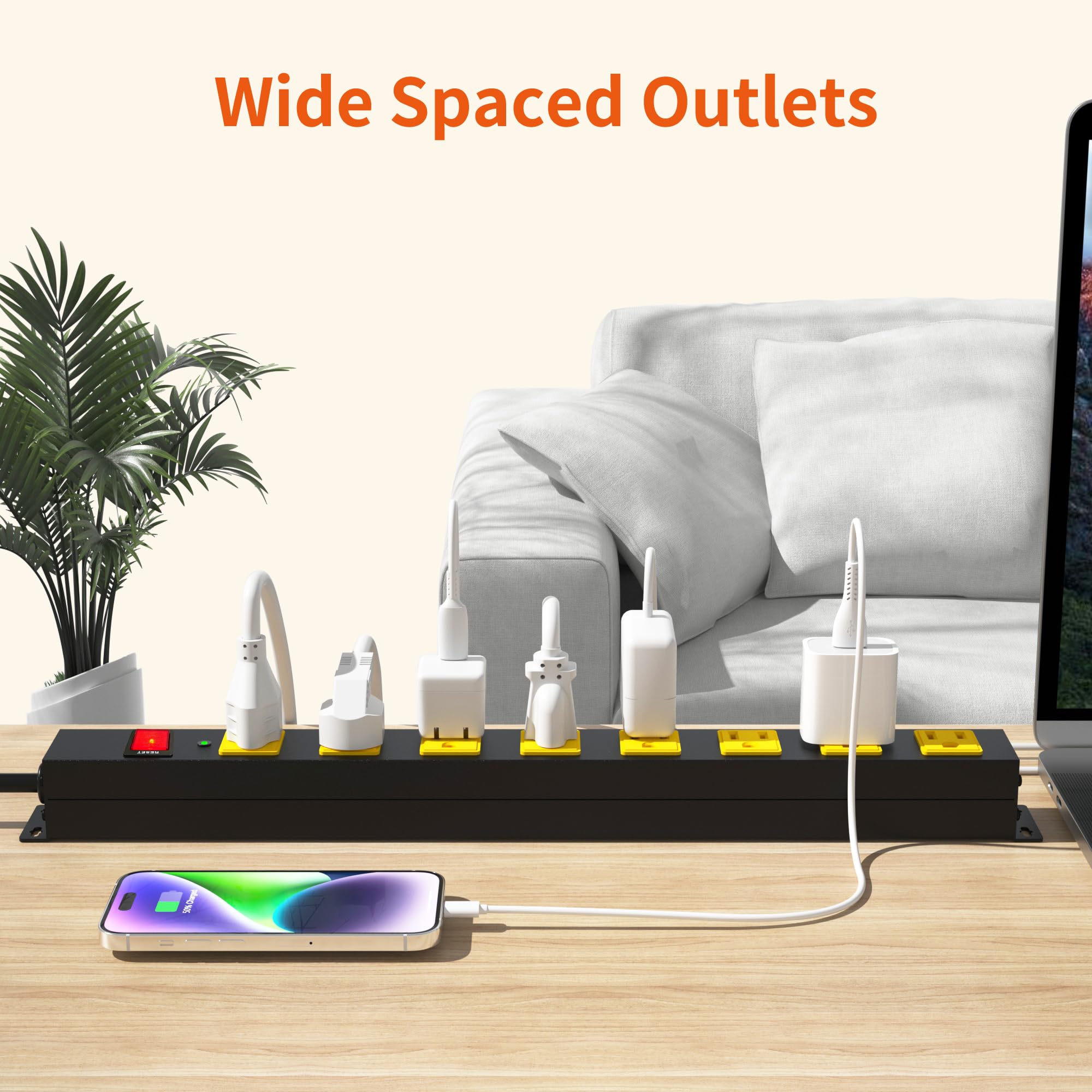 8 Outlet Long Power Strip, 2100J Surge Protector Heavy Duty 6FT Cord Wide Spaced and Wall Mount Metal Powerstrip for Home Office Garage Workshop