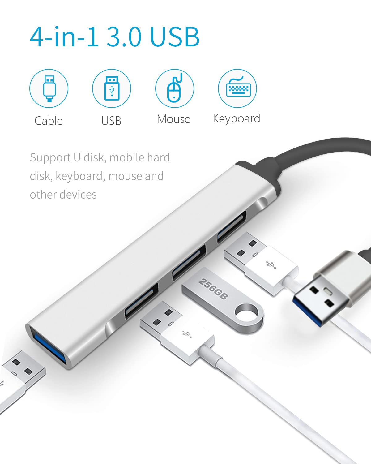 Auorange USB Hub, 4-Port USB 3.0 2.0 Hub USB Splitter Charging Supported Compatible with MacBook, Laptop, Surface Pro, PS4, PC, Flash Drive, Mobile HDD