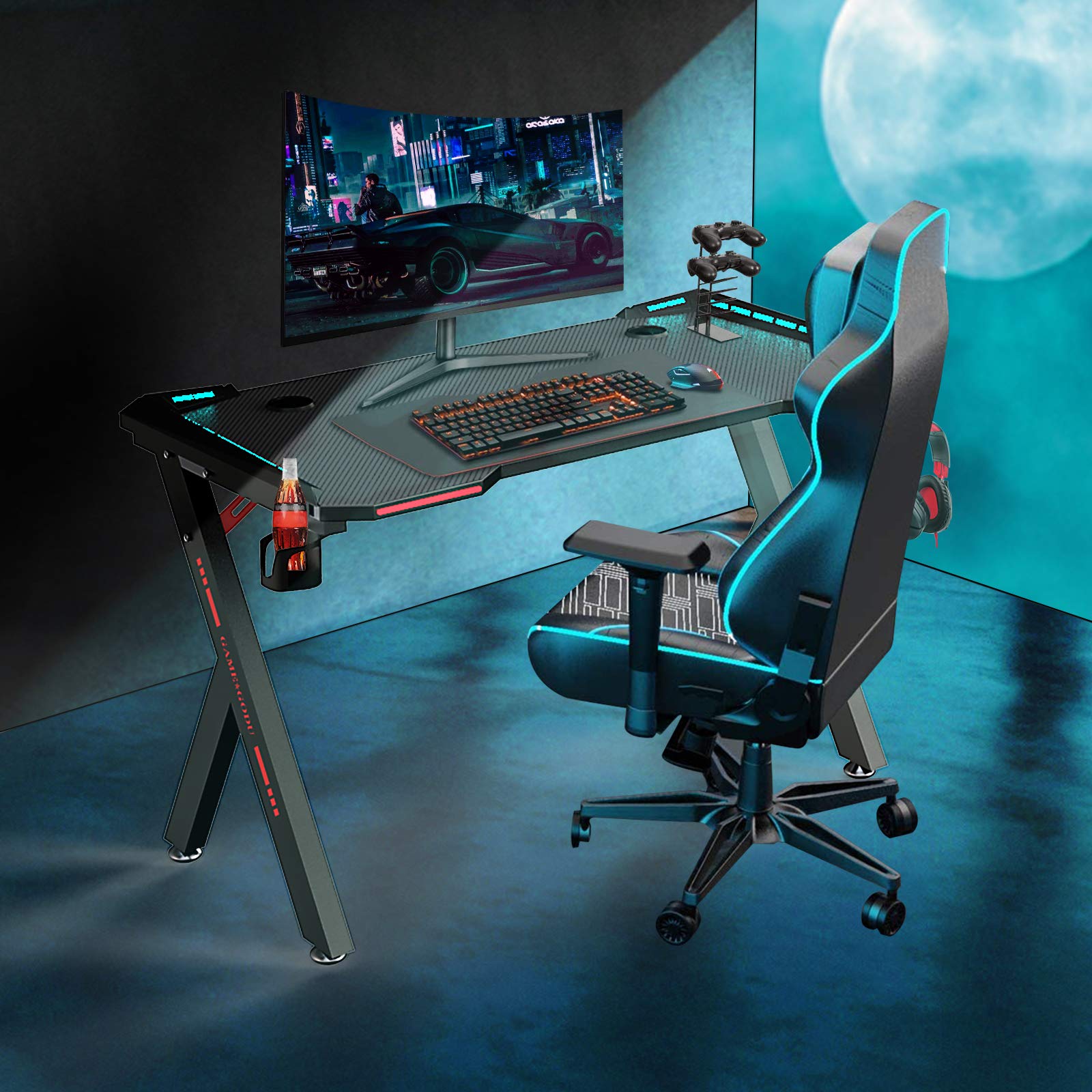 47 Inch Gaming Desk, Gaming Table PC Computer Workstation with LED RGB Lights, Headphone Hook and Cup Holder for Home, Black