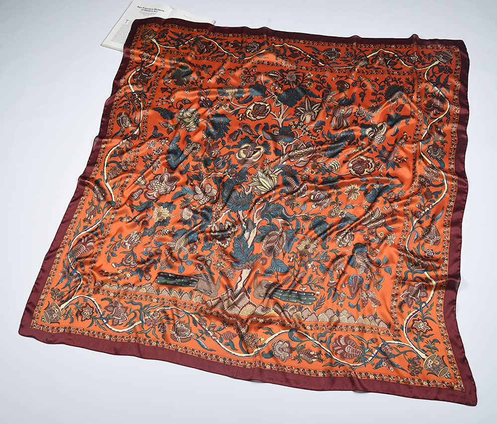 corciova Large Lightweight Women Square Designer Silk Scarf Shawl Pashmina Wrap 53 x 53 Safety Orange Burgundy Florals