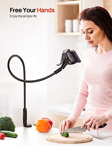 Aomiker Gooseneck Phone Holder for Bed - [2023 Upgrade Nylon Braid] 38” Flexible Lazy Arm Clip, 360 Adjustable Overhead Phone Mount for iPhone 14 13 12 11 Pro Max Mini Plus, all 4-7" Cellphone - Black