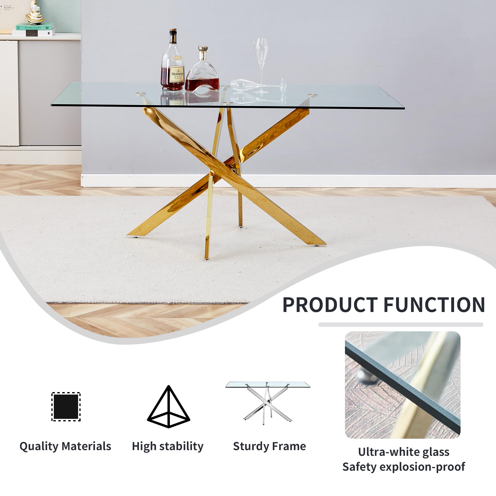 47β Round Dining Table for 4, 0.39" Tempered Glass Dining Table, Small Dining Table with Gold Stainless Steel Base, Round Clear Kitchen Table Writing Table Desk for Dining Kitchen