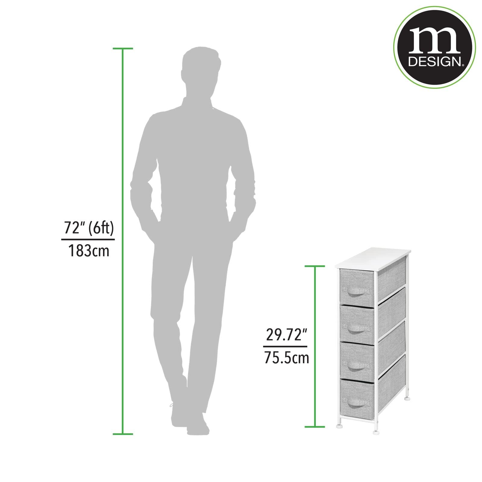 mDesign Narrow Dresser Storage Tower Stand with 4 Removable Fabric Drawers - Steel Frame, Wood Top Organizer for Bedroom, Entryway, Closet - Lido Collection - Gray