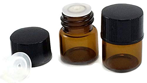 HS HEALTHY SOLUTIONS GLASSWARE WWW.EOILGLASSWARE.COM 1/4 Dram (1ml) AMBER Glass Vial (144)- Flat Black Screw Cap w/Orifice Reducer and Seal - Pack of 144