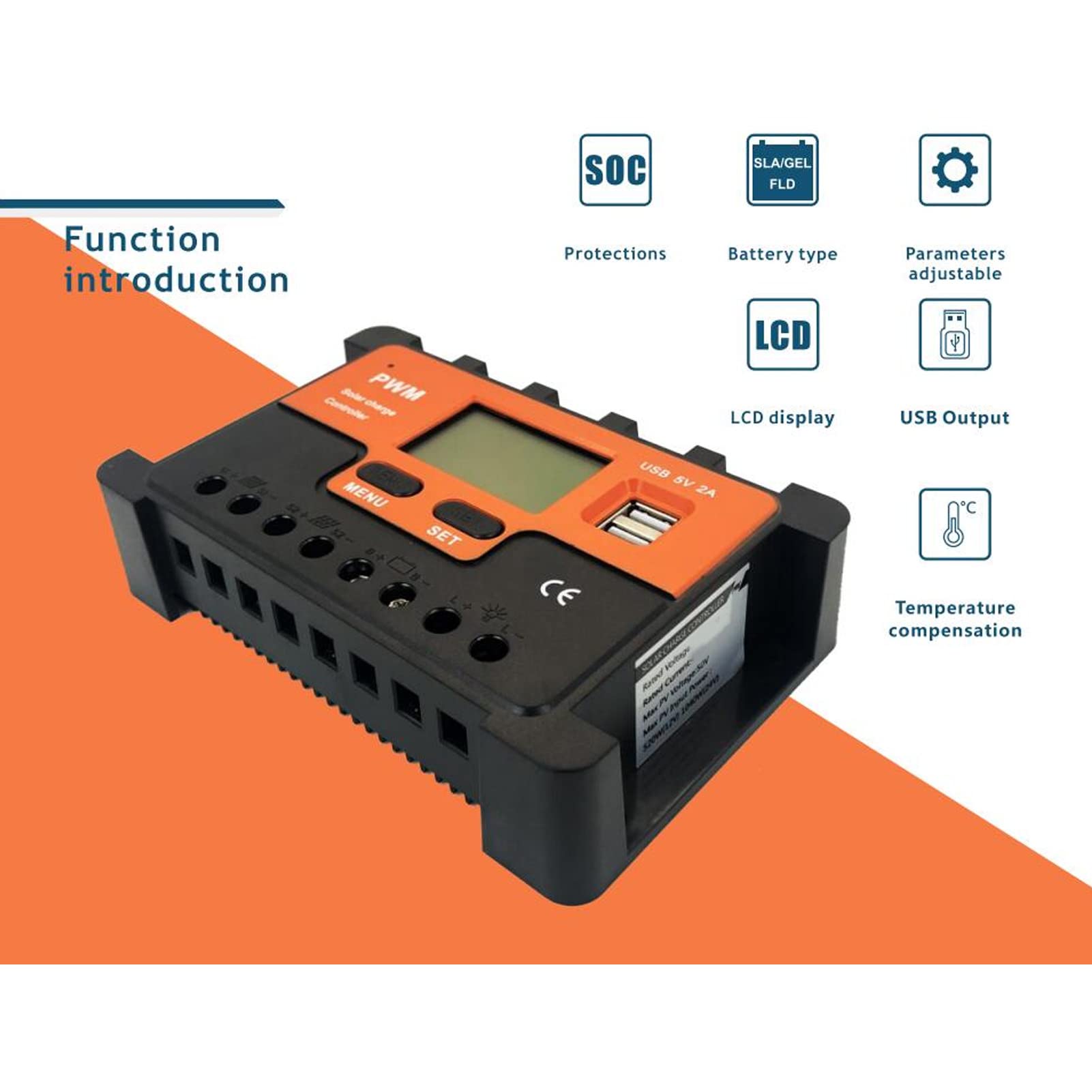 60A Solar Charge Controller PWM Charging LCD Display with 2 USB 5V Output 12V 24V 48V - Solar Panels, Charge Controllers for Solar Panels